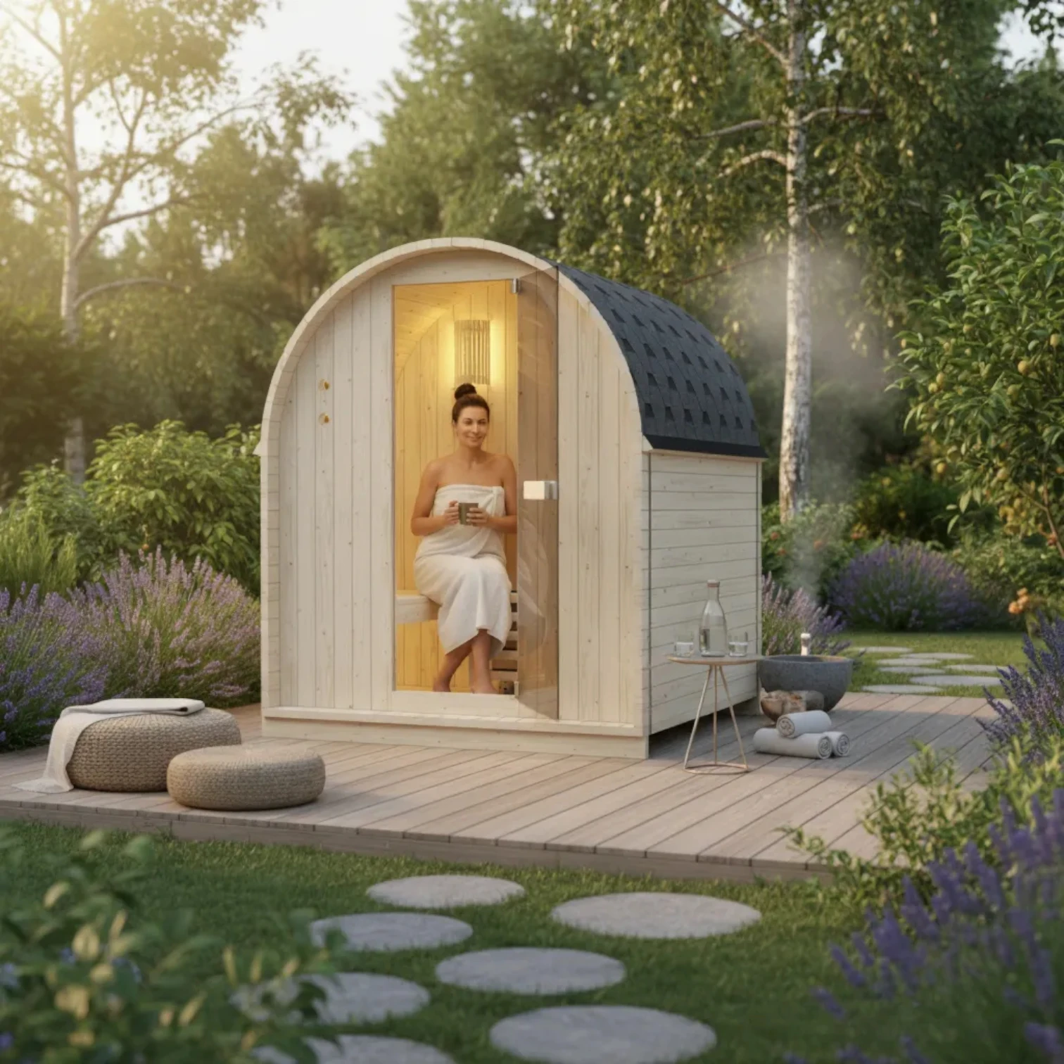 Saunafass für 1-2 Personen | Outdoor Sauna mit 230 Volt Anschluss | ohne Starkstrom